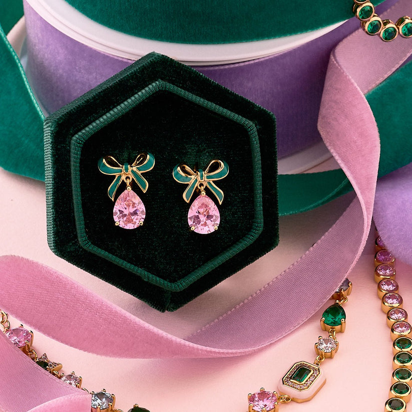 Ladies Designer Bow Earrings Emerald, Blush Pink & Gold – Amelia Scott